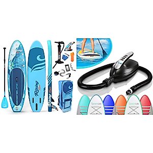 SereneLife Inflatable Stand Up Paddle Board (6 Inches Thick) with Premium SUP Accessories & Carry Bag + Serene Life Digital Electric Air Pump Compressor - 110W 12 Volt Quick Air Inflator