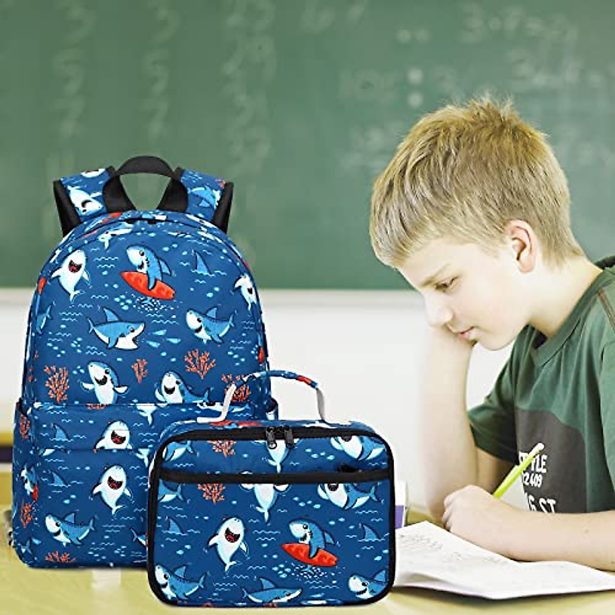 CAMTOP Backpack for Kids, Boys Preschool Backpack with Lunch Box Toddler Kindergarten Shark School Bookbag Set (Y028-2 Shark-Navy Blue)