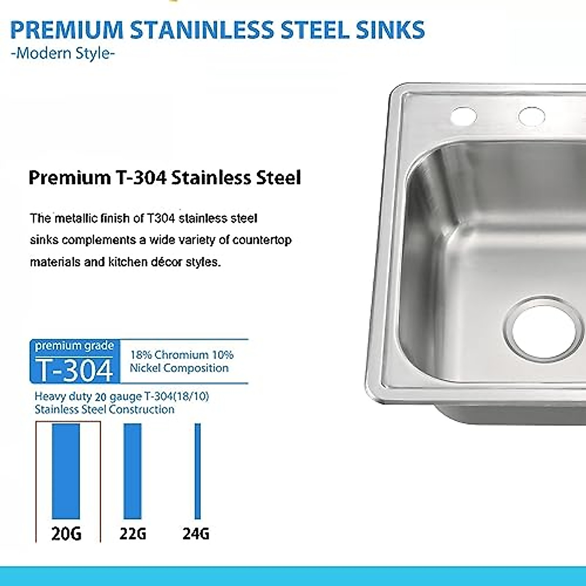 ORLANDO 17x22 inch Single Bowl Kitchen Sink Drop in Stainless Steel Bar Sink, Topmount Bar/Prep sink