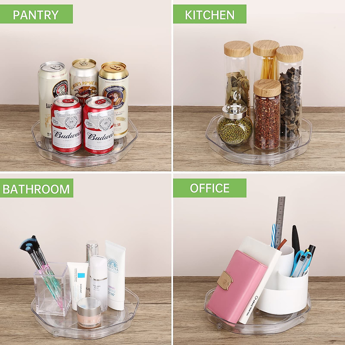 BS ONE Lazy Susan Organizer, 12'' Lazy Susan Turntable Kitchen Organizer Food Organization & Storage, 360° Rotating Condiments Spice Rack with Dividers for Kitchen, Pantry, Fridge, Bathroom Storage