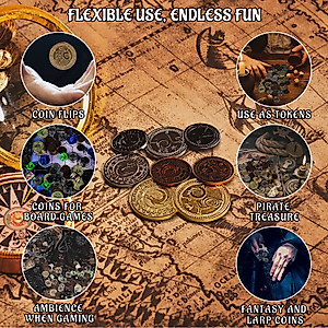DND Metal Coins Set of 60 with Leather Pouch - Gaming Tokens, Pirate Treasure, Accessories & Props for Board Games, Dungeons and Dragons, Tabletop RPGs and LARP