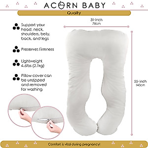 Acorn Baby Full Body Pillow - Light Gray 55 x 31in Firm Curved Body Pillow with Jersey Cover for Belly and Back Support