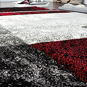 Paco Home Designer Rug Modern with Contour Cut Chequered in Silver Black Red, Size: 5'3" x 7'7"