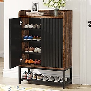 Tribesigns Shoe Cabinet with Doors, 5-Tier Shoe Storage Cabinet for Entryway Hallway, Wooden Shoe Rack Organizer Cabinet for 15-20 Pair of Shoes, Black and Brown (1)