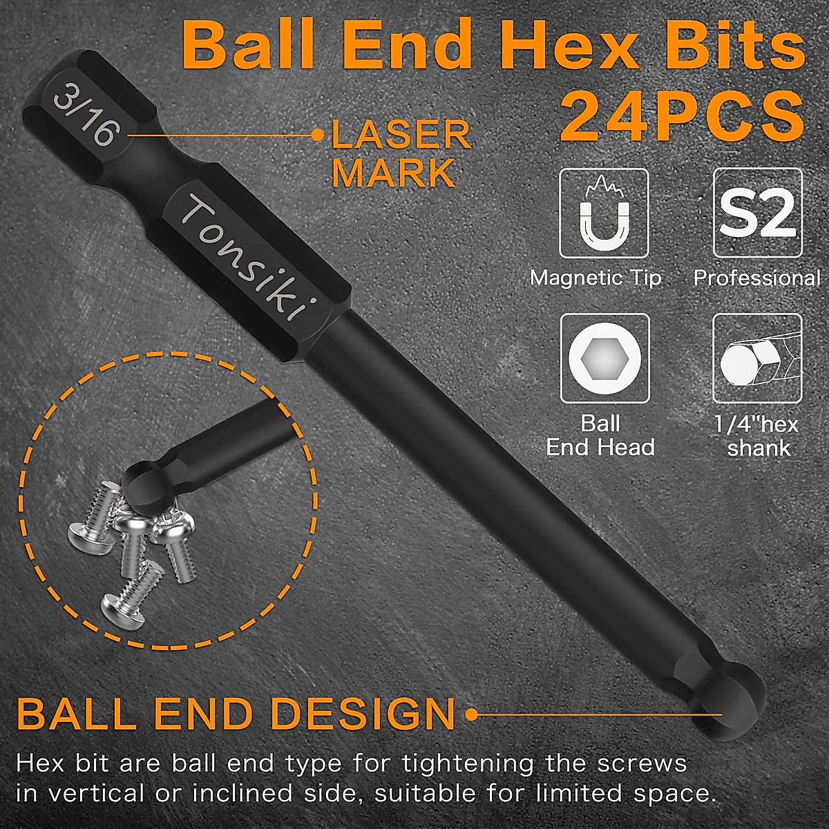 Tonsiki Ball End Hex Head Allen Wrench Drill Bit Set (24PCS Metric & SAE), Upgraded 1/4" Quick Release Shank Magnetic S2 Steel Ball End Hex Screwdriver Bit Set, Perfect for IKEA Type Furniture