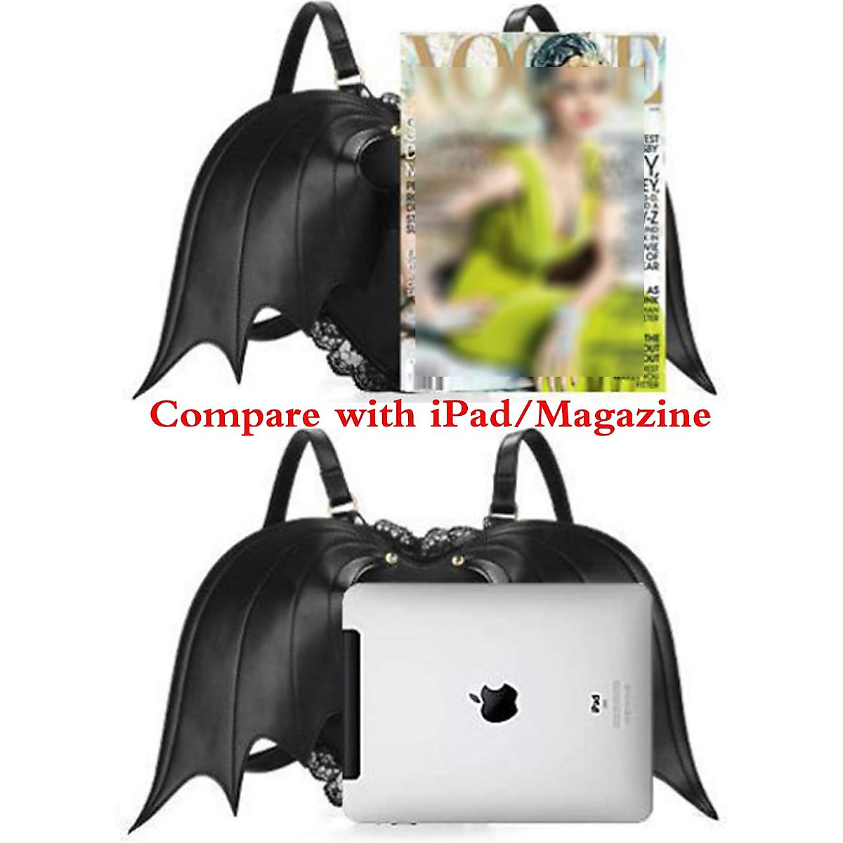 Rullar Punk Women Backpack Victorian Wings PU Daypack Rucksack Purse Gothic Lace Shoulder Bag Black