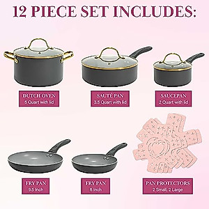 Paris Hilton Epic Nonstick Pots and Pans Set, Multi-layer Nonstick Coating, Tempered Glass Lids, Soft Touch, Stay Cool Handles, Made without PFOA, Dishwasher Safe Cookware Set, 12-Piece, Charcoal Gray