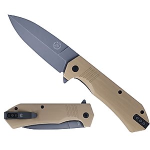 Off-Grid Knives - Stinger XL Folding Knife w. Spear Point Blade, Crucible 154CM Steel, G10 Scales, Deep Carry Clip (Coyote)