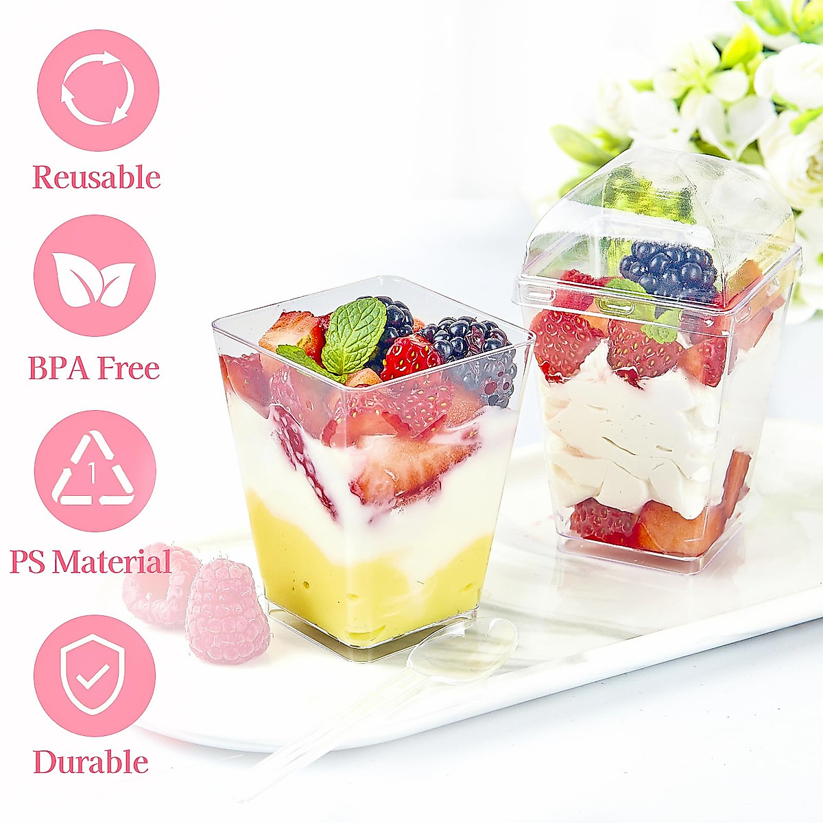 TOFLEN 50 Pack 5 oz Mini Dessert Cups with Lids and Spoons, Square Clear Plastic Dessert Shooters Party Serving Tumbler Cups for Parfait Appetizers & Dessert Shot Glasses (Dome)