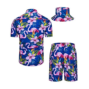 TUNEVUSE Mens Hawaiian Shirts and Shorts Set 2 Pieces Beach Outfits Flamingo Print Summer Tropical Suit with Bucket Hats Blue XX-Large