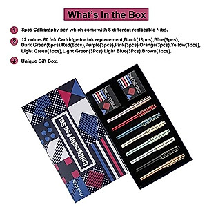 TIANREN Calligraphy Pen set,Fountain Pens with 8 Different Replaceable Nibs with 60 Ink Cartridges(12 Colors),Calligraphy set for Beginner Writing Drawing.