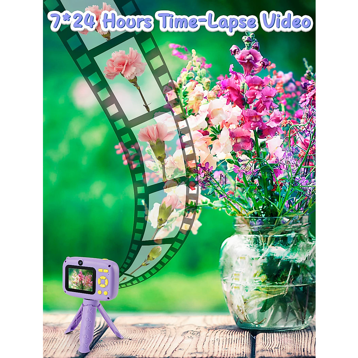 MIIULODI Kids Camera, Christmas Birthday Gift for Kids 3-12 Year Old Girl Boy 2.4 Inch Time-Lapse Video Record Scientific Children Digital Cameras Toddler Night Light Toys for 4 5 6 7 8 Year Old