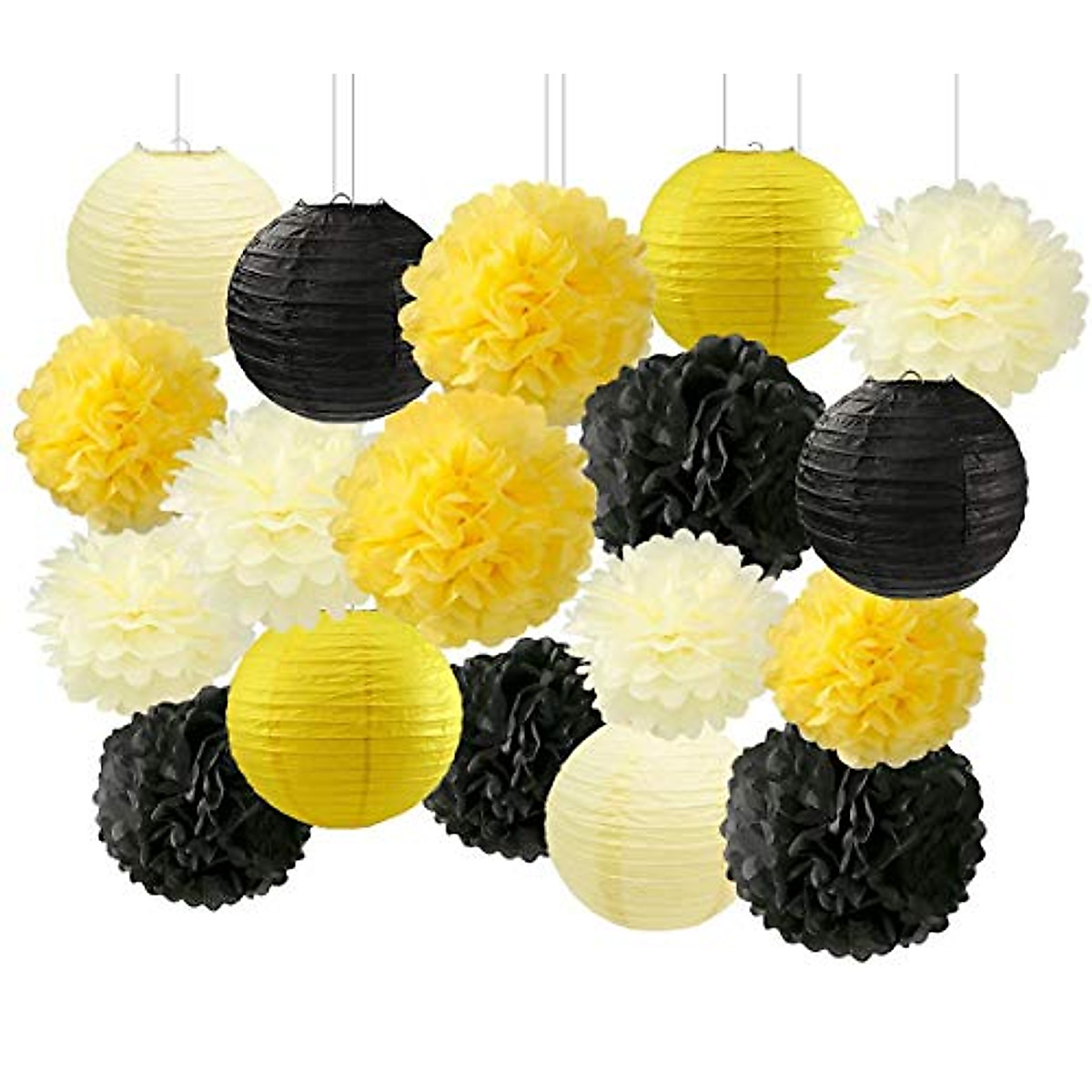 HappyField Honey and Bee Baby Shower Decorations Yellow Cream Black Tissue Paper Pom Poms Flower Paper Lanterns for Honey Bee Birthday Party Wedding Bridal Shower Outdoor Decoration 18Pcs Mixed 8" 10"