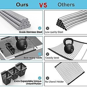 BBXTYLY Roll Up Dish Drying Rack with Storage Basket,Over The Sink Cover Kitchen Rolling up Dish Drainer, Foldable Sink Dish Drying Rack Stainless Steel for Kitchen Sink Counter(Black 17.3''x17.6'')