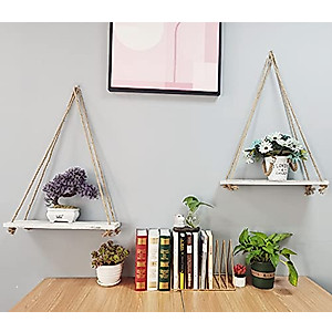 HoreZer Wood-Rope Hanging Floating Shelves Wall Decor Set of 2, Rustic White Wall Shelf with 4 Hooks and 4 Ropes,Wall Hanging Rope Shelves for Garden Kitchen Bathroom Living Room