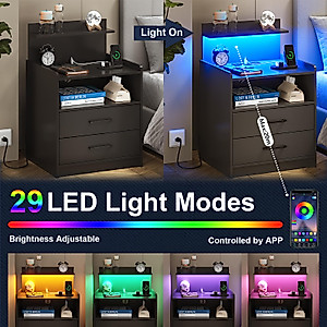 LED Nightstand with Charging Station, Night Stand with 2 Drawers and Open Storage, Bedside Table with LED Lights, Modern End Table with USB Ports Outlets, Black