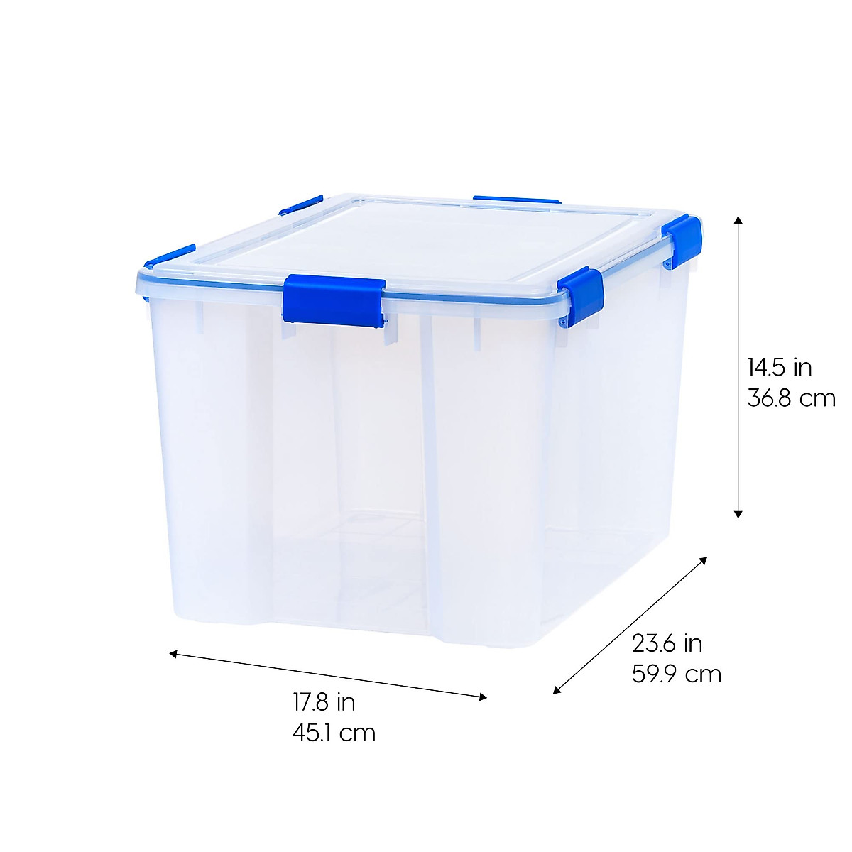 IRIS USA 74 Qt Storage Box with Gasket Seal Lid, 3 Pack - BPA-Free, Made in USA - Heavy Duty Moving Containers with Tight Latch, Weather Proof Tote Bin, WEATHERPRO - Clear/Blue