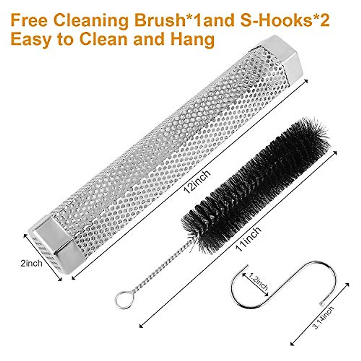 Hexagon Pellet Smoker Tube,12 inch Stainless Steel BBQ Wood Pellet Tube Smoker for Cold/Hot Smoking,5 Hours of Billowing Smoke-for Any Grill or Smoker,with 2 S Shape Hooks+1 Cleaning Brush.