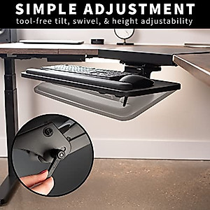 VIVO Adjustable Computer Keyboard and Mouse Platform Tray with Corner Connector, Ergonomic Under Table Desk Mount Drawer for L-Shaped Workstations, Underdesk Shelf, Black, MOUNT-KB03B-C