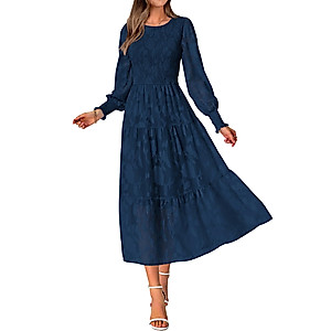 BTFBM Casual Women's 2025 Fall Dresses Elegant Wedding Guest Dress Long Sleeve Floral Midi Dress Flowy Bohemian Long Dress(Dark Blue,Small)