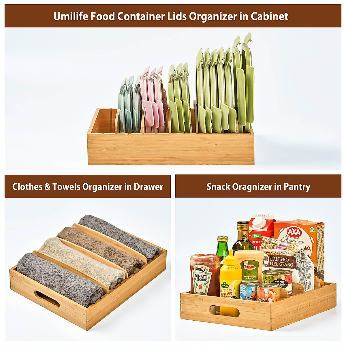 Umilife Kitchen Cabinet Organizer for Food Storage Container Lids, with Adjustable Dividers, Bamboo Drawer Caddy, Box for Kitchen Storage and Organization