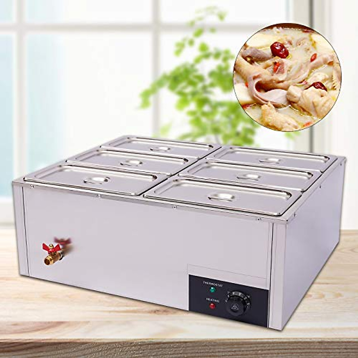 Commercial Food Warmer, 110V/60Hz 850W Buffet Server Food Warmer Canteen Buffet Steam Heater Stainless Steel Food Warmer 30° to 85° Adjustable for Catering and Restaurants