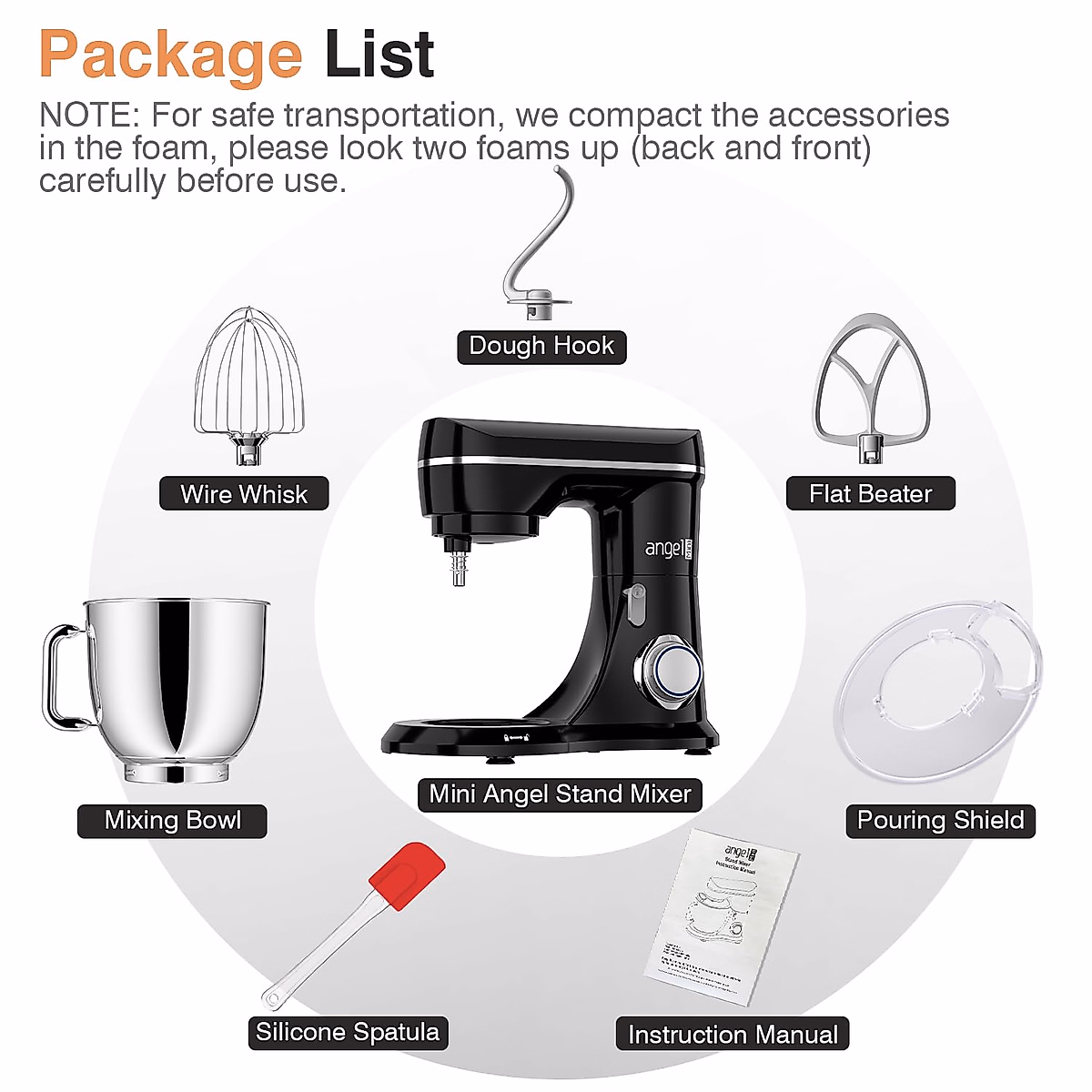 Mini Angel Electric Stand Mixer, 5Quarts, Dough Hook, Flat Beater, Wire Whisk Attachments, 10+P Speeds with Splash Guard, Black