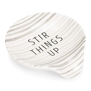 DEMDACO Stir Things Up 4.5 x 4 Glossy White and Grey Stripe Ceramic Stoneware Kitchen Spoon Rest