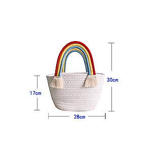 LOHGOU Women Girls Handwoven Cotton Handbag Rainbow Tassel Tote Bag Summer Beach Purse (Blue)