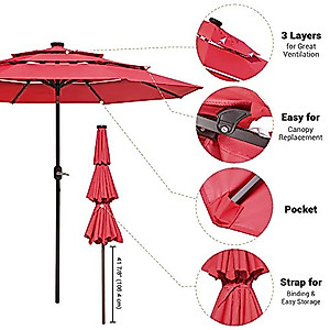 Yescom 9ft 3 Tier UV70+ Solar Powered Patio Umbrella with LED Crank Tilt Button Aluminum Outdoor Home Garden Yard Deck
