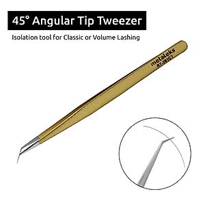 Tweezers for Eyelash Extension - Long 45° Angular Tip Tweezers - Hand Crafted Surgical Stainless Steel Precision Tweezers (Metallic Gold Powder Coated)