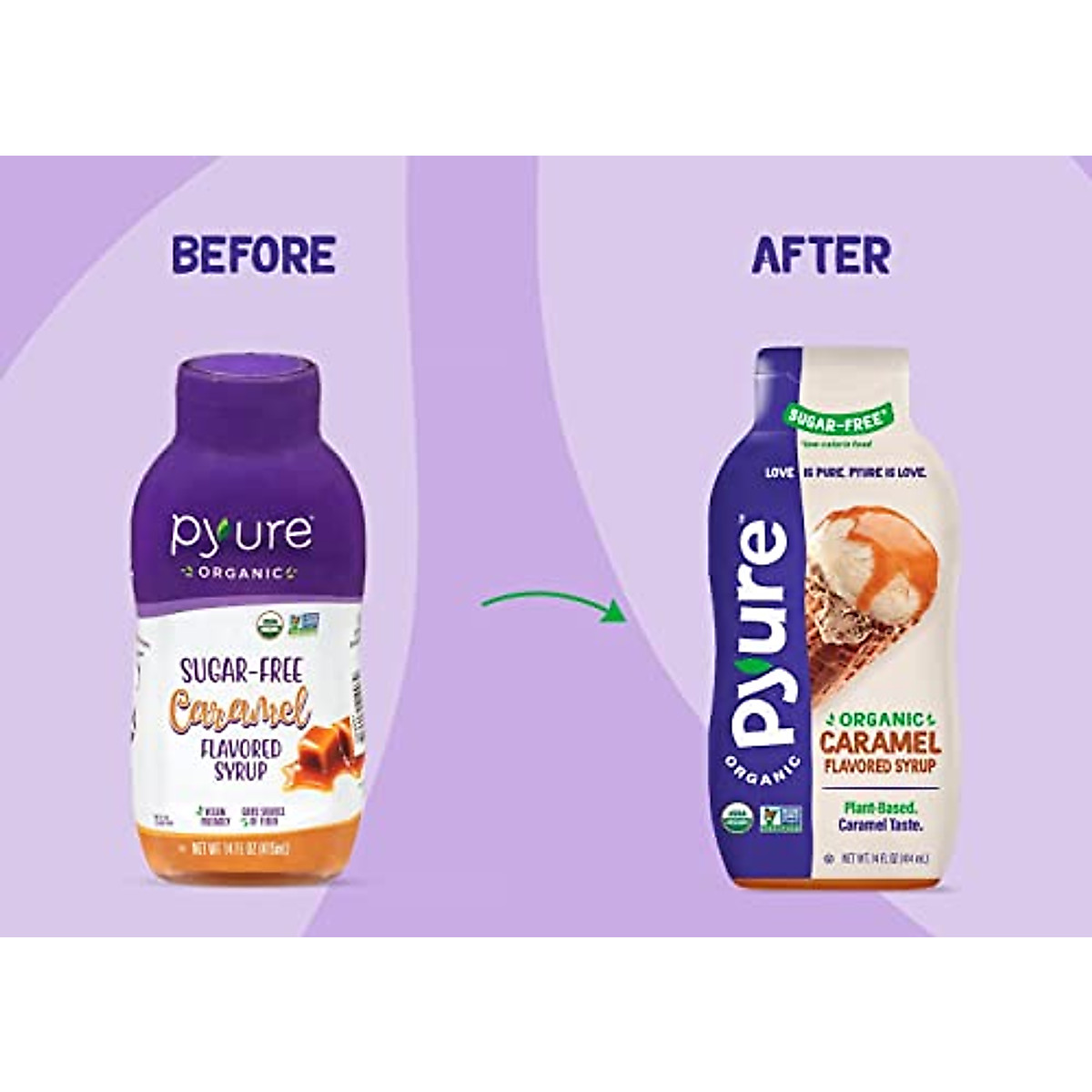 Pyure Organic Caramel Flavored Syrup, Zero Sugar, 1 Net Carb, Gluten-Free, Plant-Based for Vegan Keto Friendly Food, 14 Oz