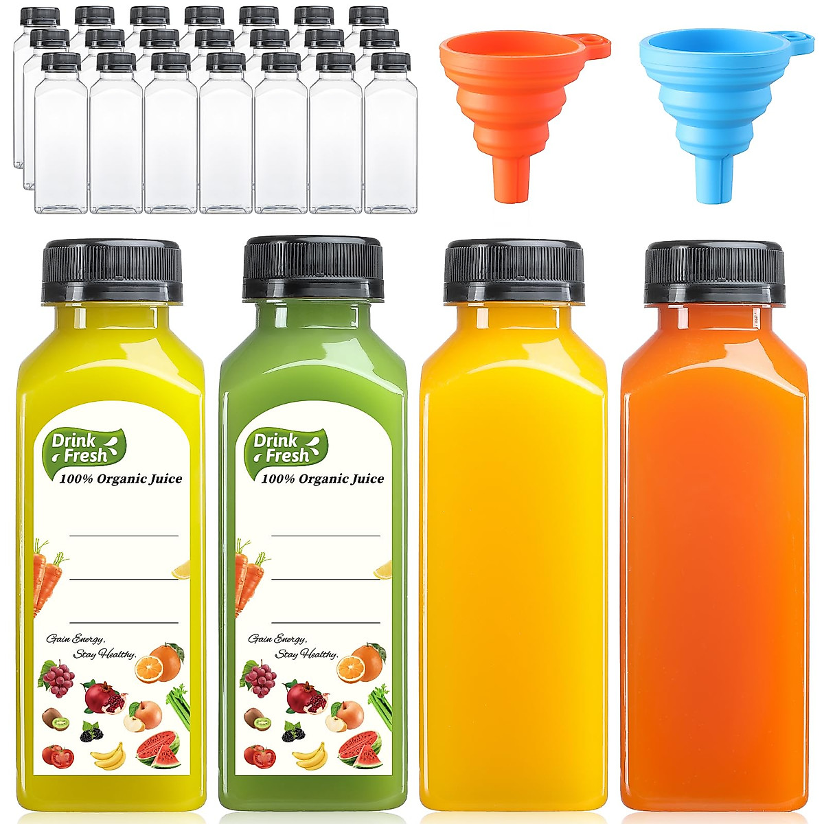 24 PACK, 12 OZ Reusable Plastic Juice Bottles with Caps, Plus 24 Labels & 2 Silicone Funnels - Clear Juicing Bottles for Juice, Smoothies, Ginger, Tea, Coffee - Food Grade & Leakproof Travel Bottles