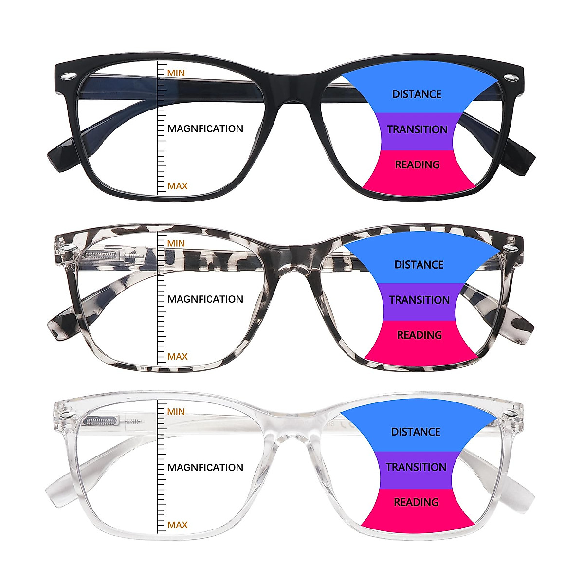 CLASAGA Progressive Multifocus Reading Glasses for Women, Blue Light Blocking Ladies Computer Readers with Spring Hinge (3 Mix Color, 1.75, multiplier_x)