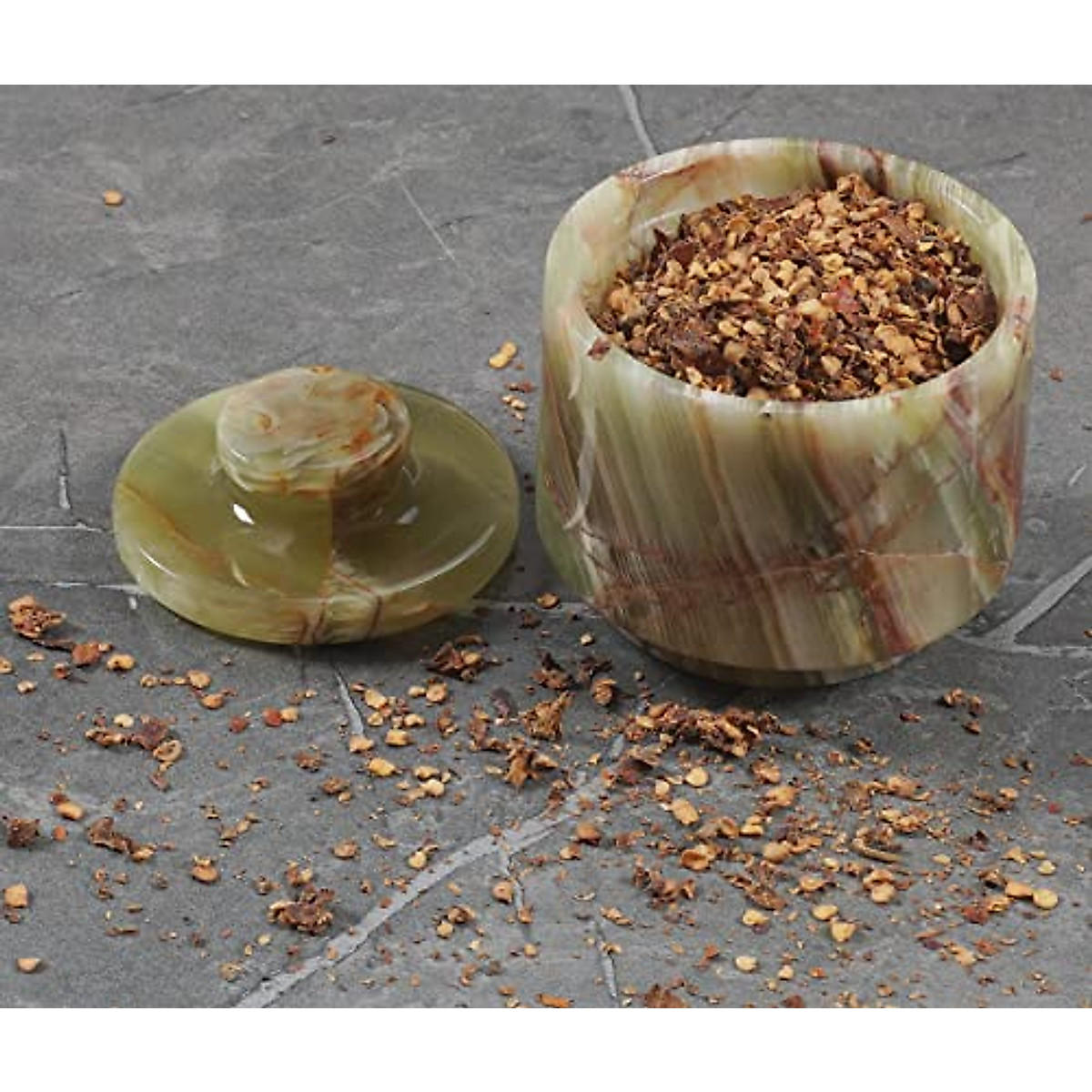 MARBLOUS KRAFTS stylish marble sugar dispenser 3.5 oz salt cellar, salt container and marble décor 3" X 3" Kitchen décor and Salt Pepper Bowls salt dispenser (Green Onyx)