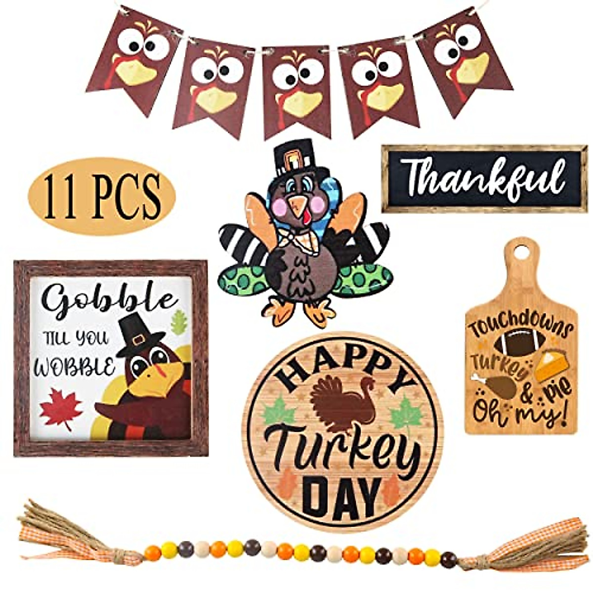 11Pcs Thanksgiving Turkey Tray Decor Fall Decorations Gobble Till You Wobble Thankful Wooden Signs and Thanksgiving Bead Garland Farmhouse Rustic Tiered Tray Decor for Home Table