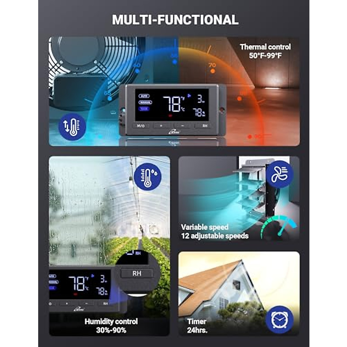 iLiving 16" Wall Mounted Shutter Exhaust Fan, Automatic Shutter, Temperature and Humidity Controls with Variable Speed, 1736 CFM at 1600 RPM DC Motor