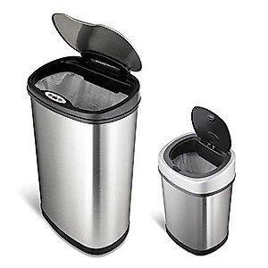NINESTARS CB-DZT-50-13/12-9 Automatic Touchless Infrared Motion Sensor Trash Can Combo Set, 13 Gal 50L & 3 Gal 12L, Stainless Steel Base (Oval, Silver/Black Lid)