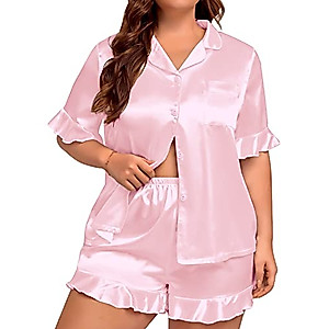 SWOMOG Womens Satin Plus Size Pajamas Silk Short Sleeve Pj Sets Ruffle Shorts 2 Piece Sleepwear Bride Soft Lounge Set 18-26W Pink