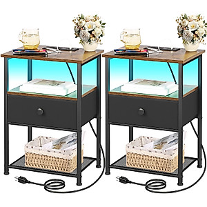 LOAKEKEL Night Stand Set 2, LED Nightstand with Charging Station, End Tables with Fabric Drawer for Small Spaces, Bedside Table with Storage Shelf for Bedroom, Brown, HETS01BR