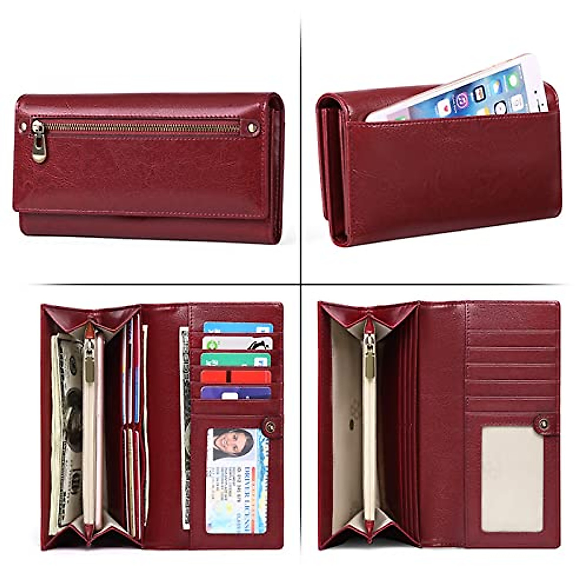 KELEEL Women Wallet Leather Clutch Bifold RFID Blocking Large Capacity Slim Ladies Purse Card Holder Organizer (Gloss Red)