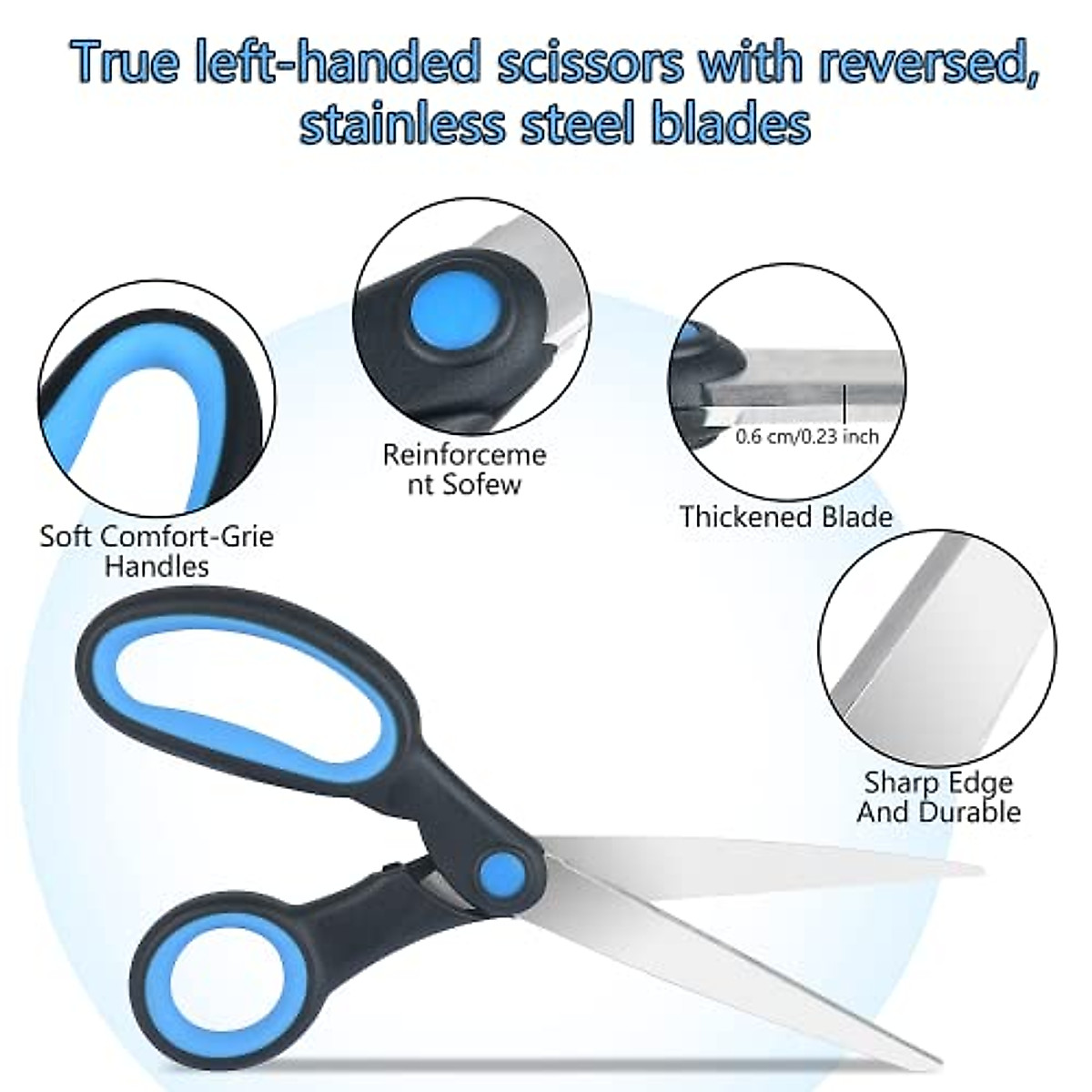 Left Handed Scissors, 8 Inch, Lefty Stainless Steel Sharp Blade Soft Comfort-Grip Handles Blunt Scissors for Adults School Student Kids(1 Pack)
