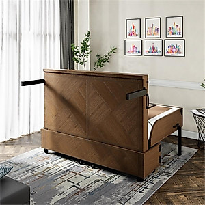 RoomAndLoft Queen Size Mobile Murphy Cabinet Bed in Solid Wood, in Brown, No Box Spring Needed, Pre-Assembled