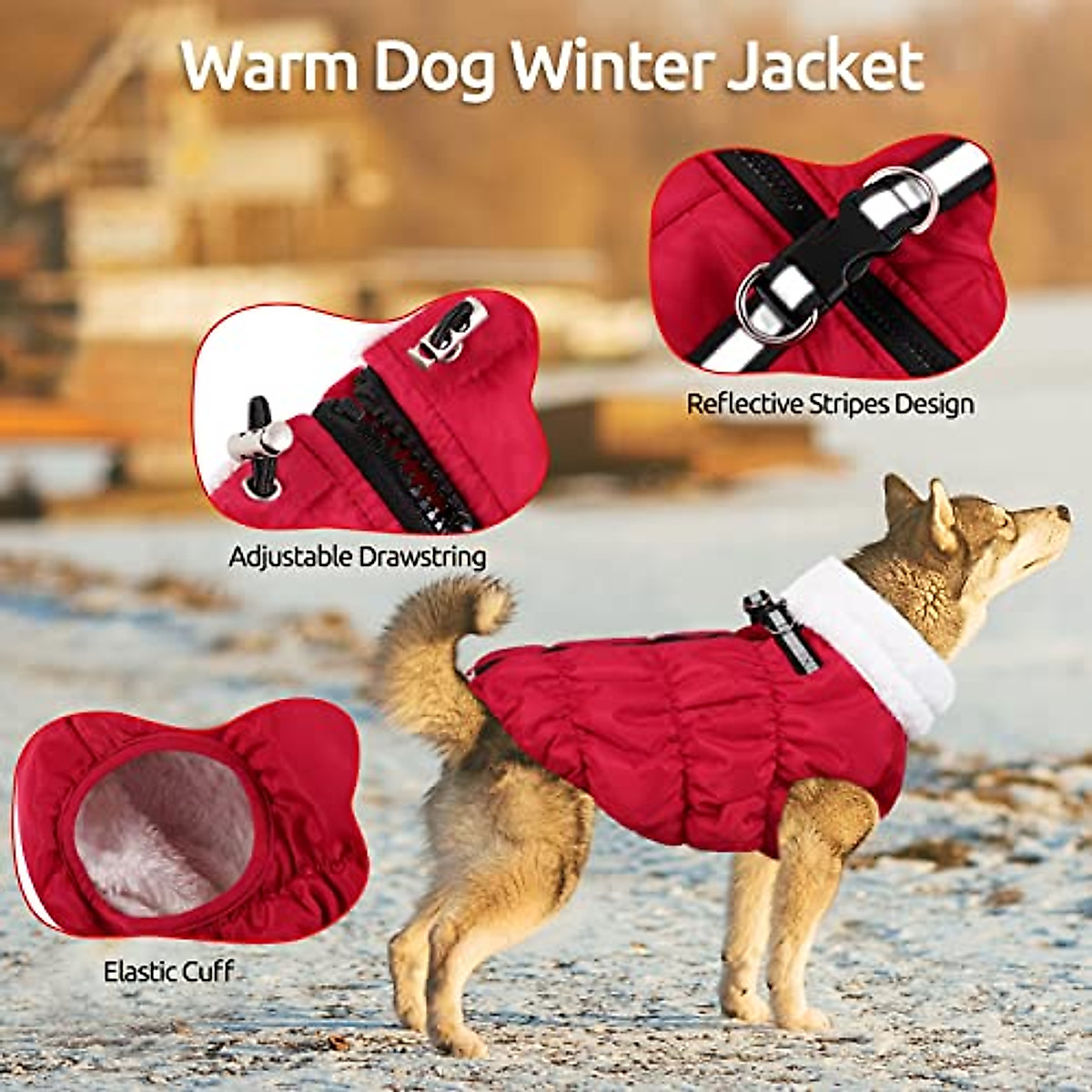 Queenmore Warm Dog Winter Jacket, Fleece Lining Dog Cold Weather Coats, Windproof Turtleneck Dog Vest with Neckline D-Ring, Snowproof Dog Jacket for Small Medium Large Dogs
