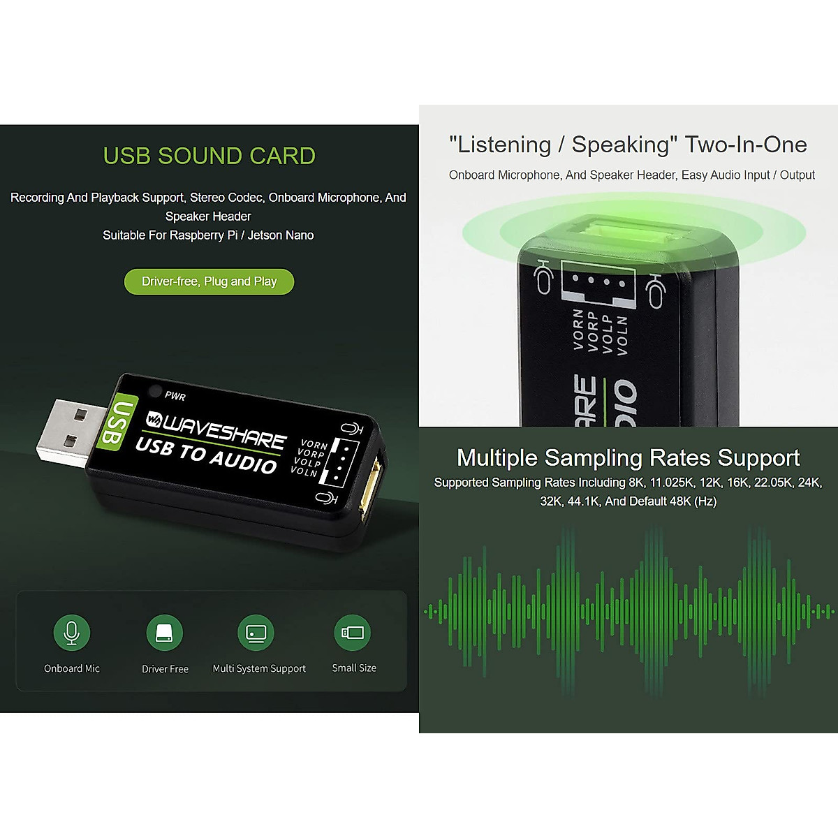 Waveshare USB Sound Card for Raspberry Pi/Jetson Nano USB Audio Module External Audio Converter Recording and Playback Support Stereo Codec Onboard Microphone and Speaker Header No Driver Required