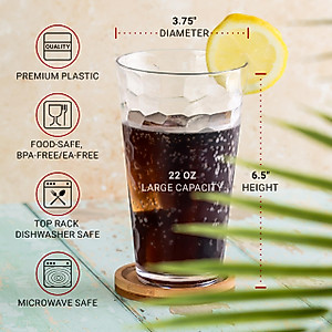Bravario Hammered Plastic Drinking High Tumbler, Dishwasher-Safe Premium Quality Glasses, BPA-Free Reusable Outdoor Cups, 22 oz Set of 6