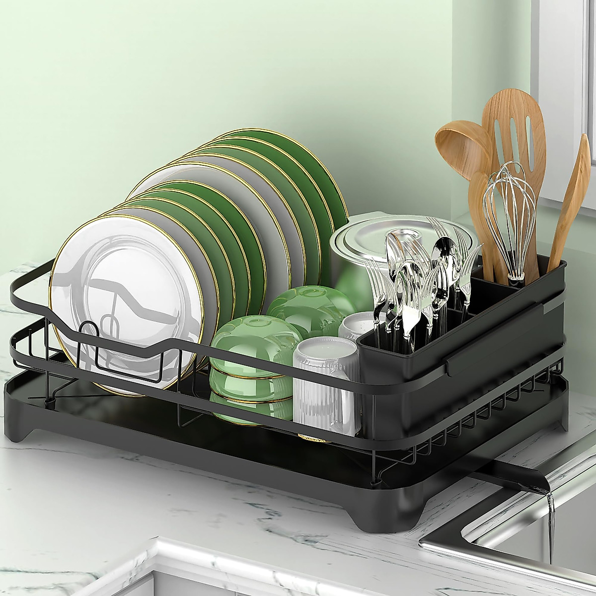 ROTTOGOON Dish Drying Rack, Stainless Steel Rustproof Dish Rack for Kitchen Counter, Sturdy Dish Drainer with Drainboard, Drainage, Utensil Holder for Various Kitchenware, 16.9"(L) x 12.2"(W), Black
