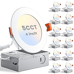 Sunlake 12 Pack Recessed Lighting 4 inch, Ceiling Lights 5 in 1, Canless Ultra Thin LED 5CCT Dimmable 2700K/3000K/3500K/4000K/5000K Selectable, 650 Lumens, 10W=65W Eqv, ETL, Energy Star Certified