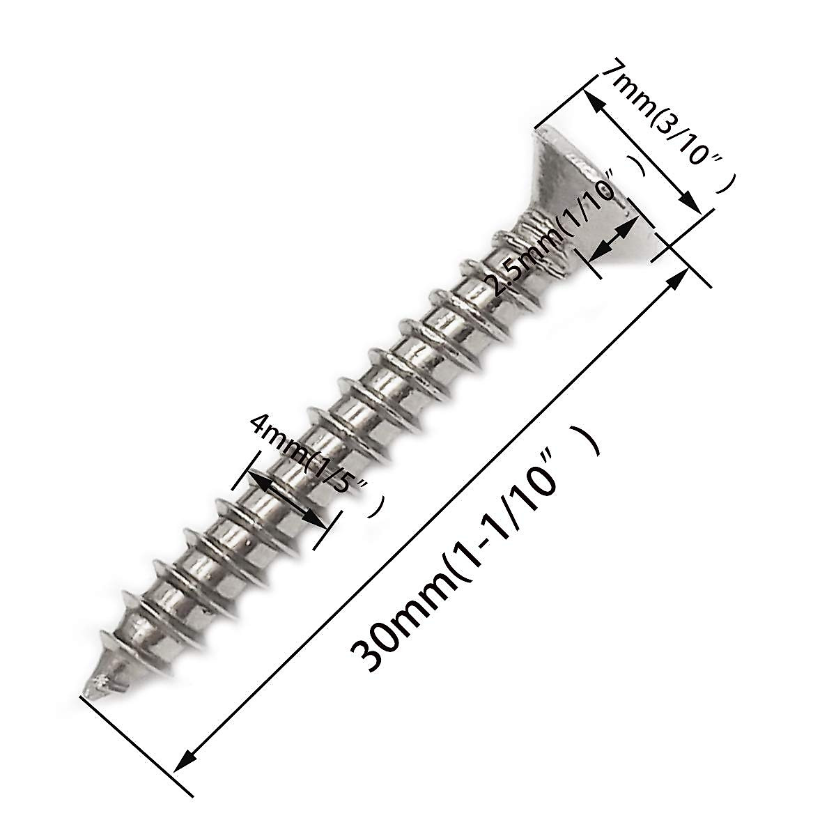 ZLYY 100pcs M4x30mm Stainless Flat Head Phillips Self-Tapping Wood Screw 18-8 (304) Stainless Steel Screw