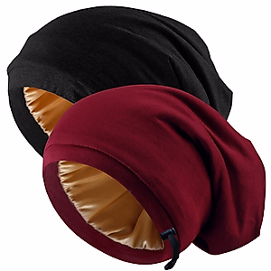 2 Pcs Adjustable Silk Satin Bonnet Hair Wrap for Sleeping - Silk Lined Slouchy with Adjustable Strap - Night Caps for Women and Men with Curly Hair - Head Scarf